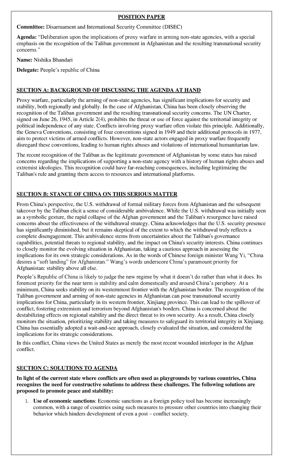 CHINA_DISEC_PositionPaper - POSITION PAPER Committee: Disarmament and ...