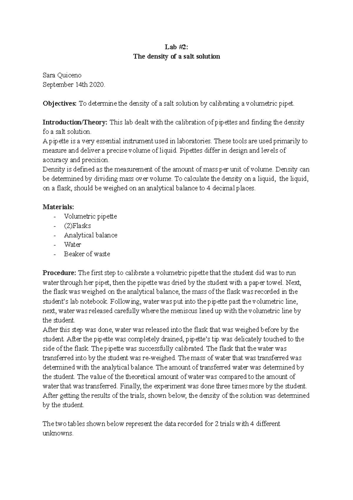 CHEM 1131 LAB Report - Lab #2: The density of a salt solution Sara ...