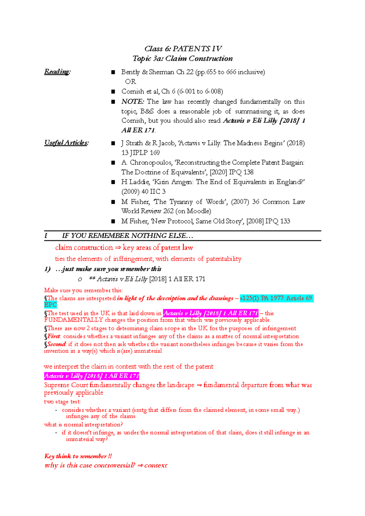 Lecture 6 IP - Lecture notes - Class 6: PATENTS IV Topic 3a: Claim ...