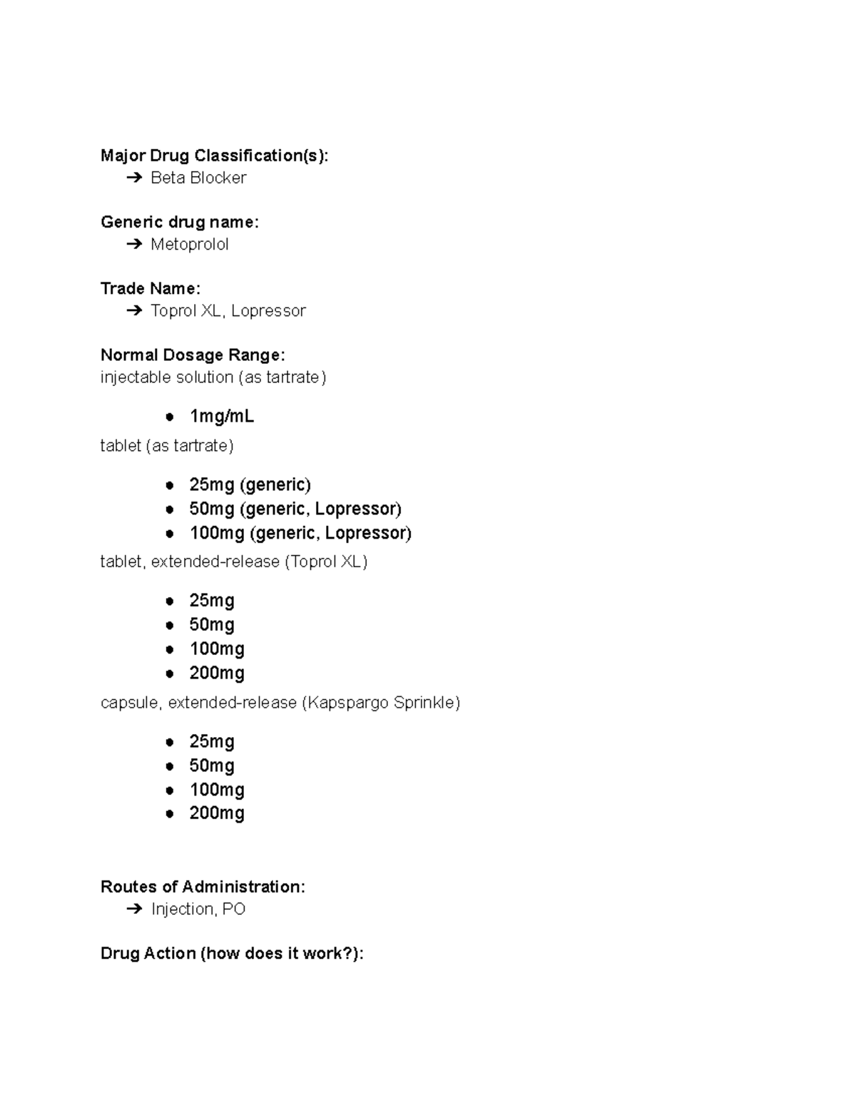 Metoprolol - Medication Sheet - Major Drug Classification(s): Beta ...