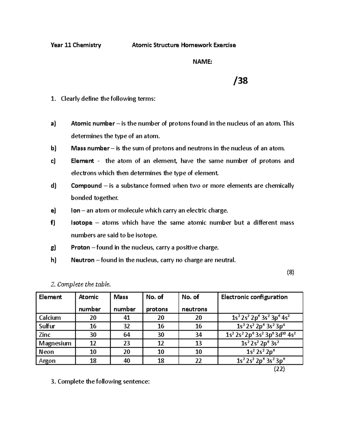 Year 11 Chemistry Atomic Structure Homework Exercise - This determines ...
