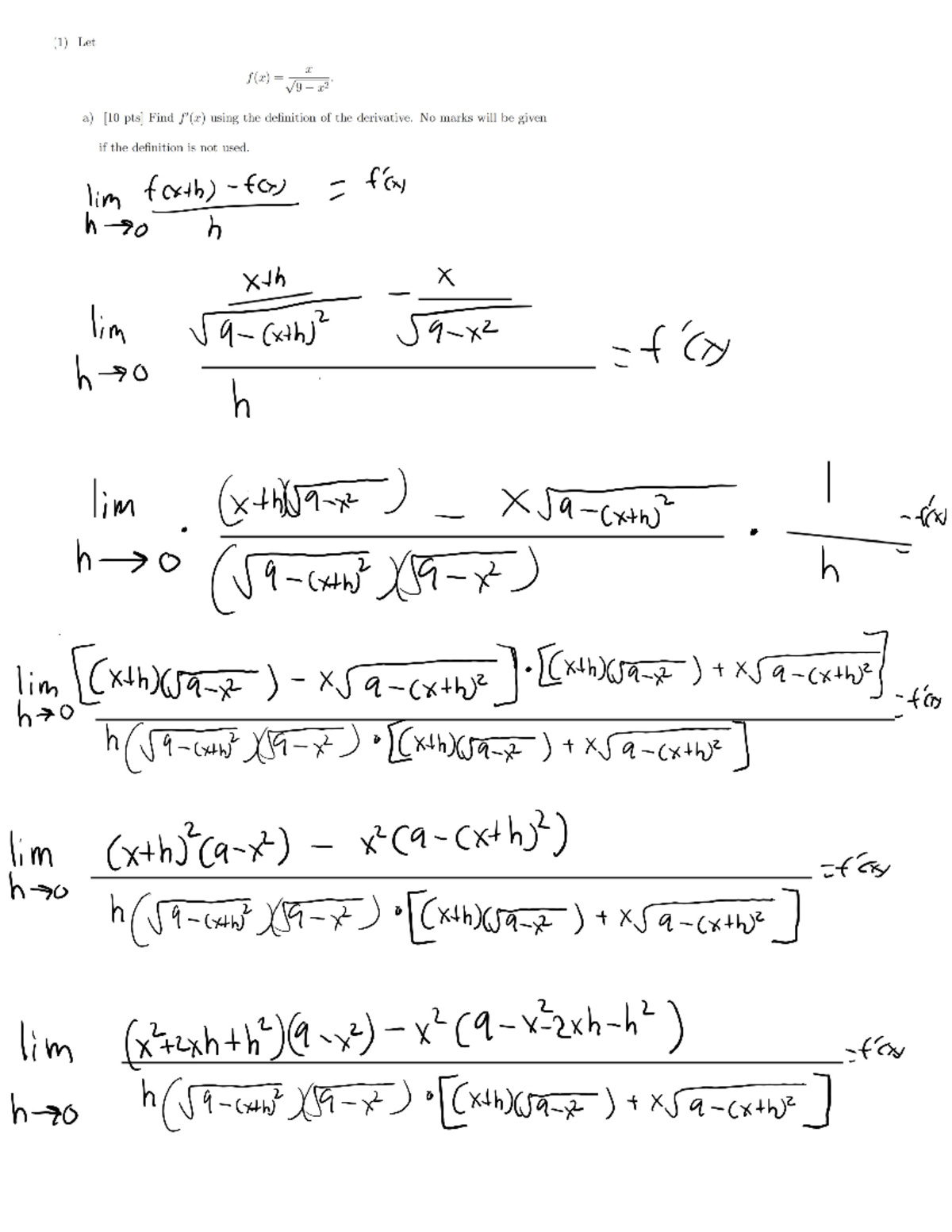 Math assignment 5 - work - (1) Let f(x) a) Find using the definition of the derivative. No marks ...