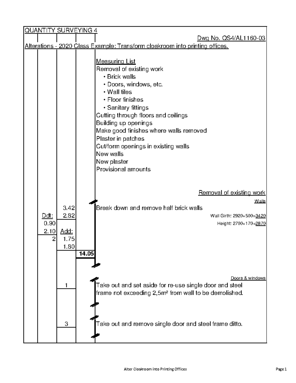 Alterations 2020 Class Example - QS4AL1160-03 Alter Cloakroom into ...