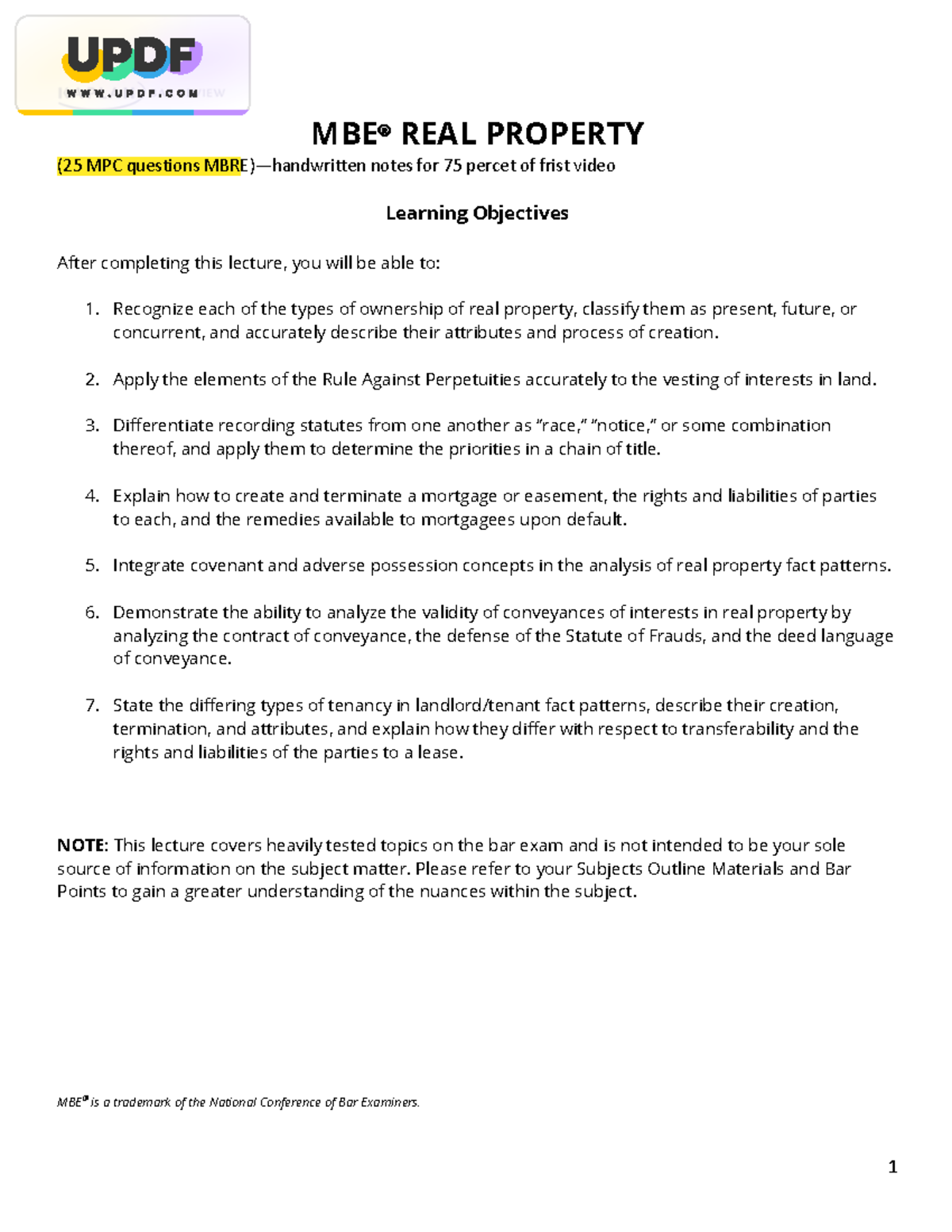 On Real Property Outline: Lecture notes - (25 MPC questions MBRE ...
