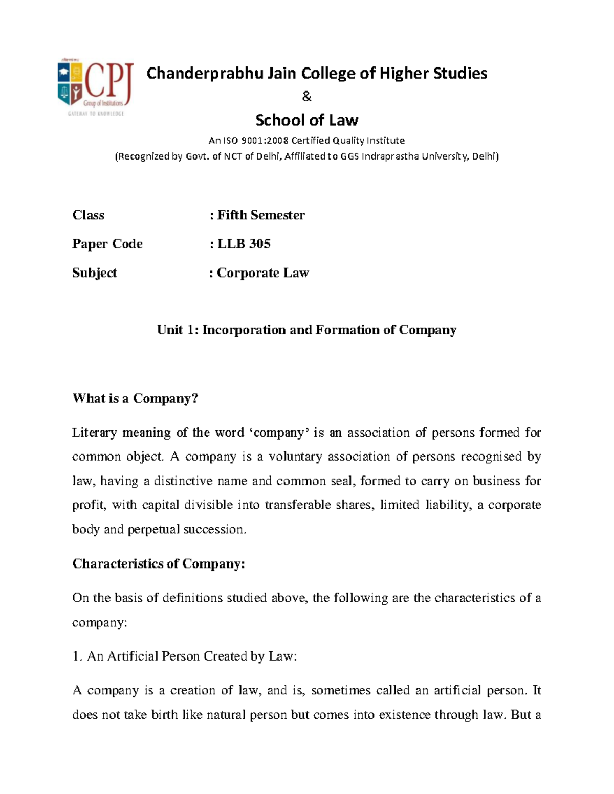 Law-305-min - notes on corporate law - & School of Law An ISO 9001:2008 ...