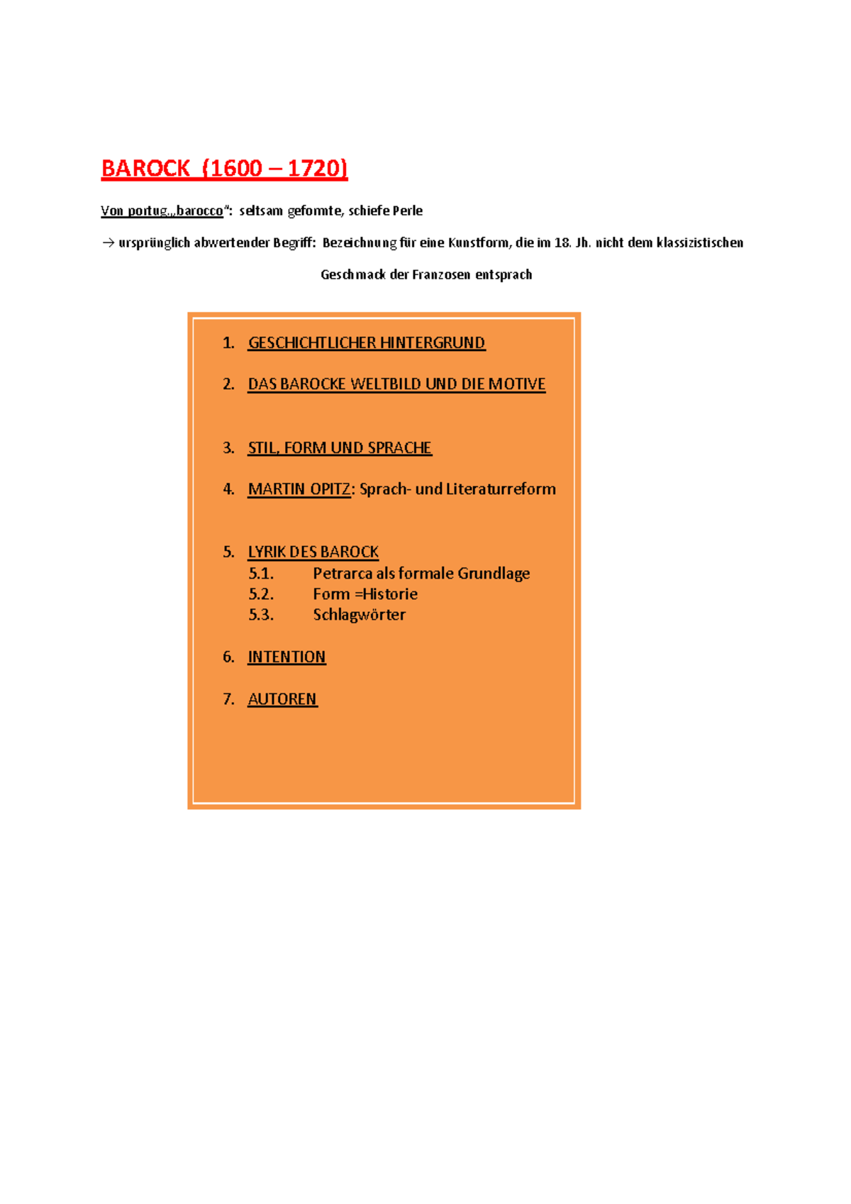 Barock Übersicht - BAROCK (1600 – 1720) Von portug.„barocco“: seltsam geformte, schiefe Perle ...