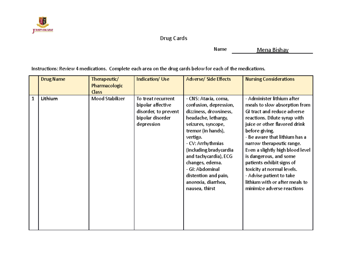 Drug Cards Form (7 drug cards) - Drug Cards Name Mena Bishay ...