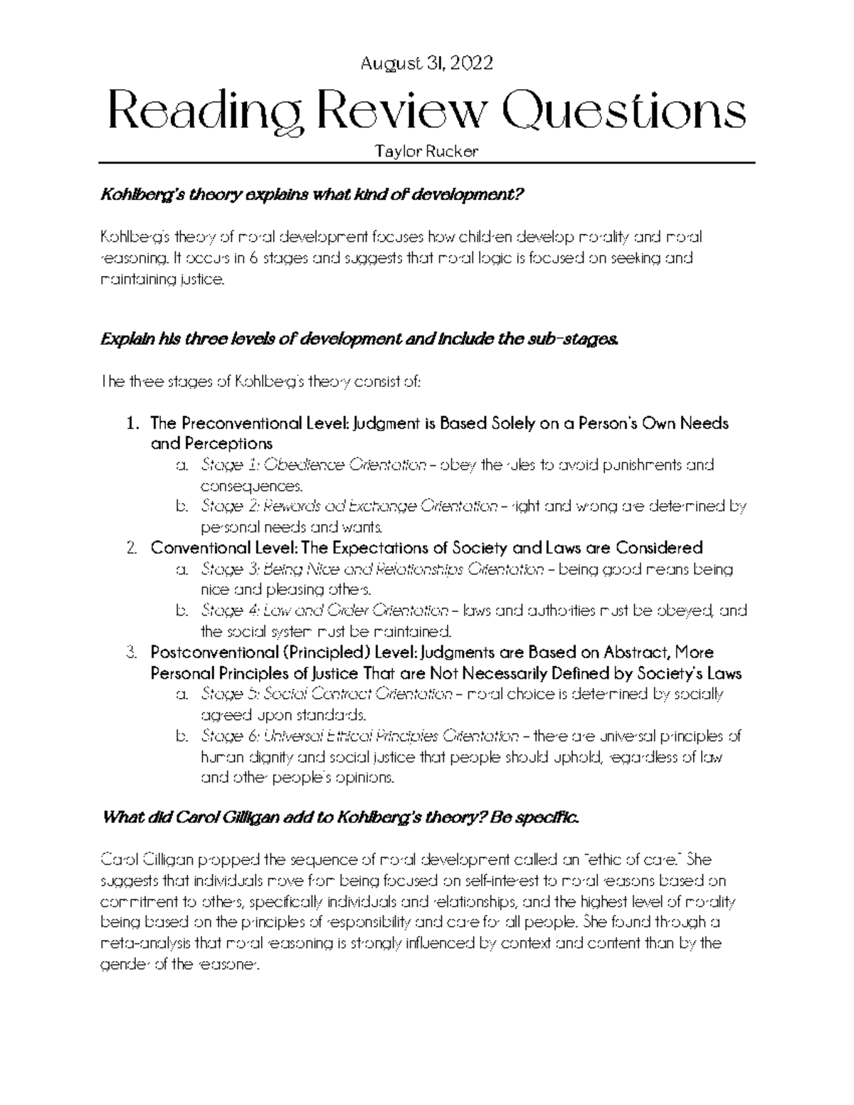 Reading Review Questions - Aug. 31 - Reading Review Questions Taylor ...