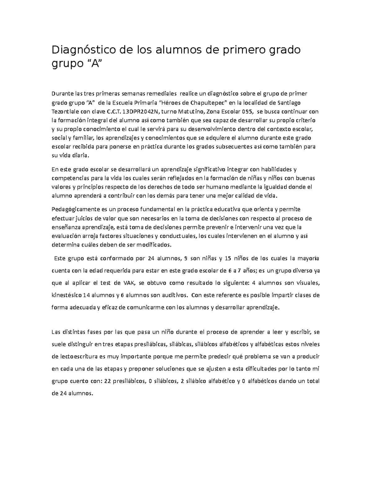 Diagnóstico de los alumnos de primer grado grupo - Diagnóstico de los ...