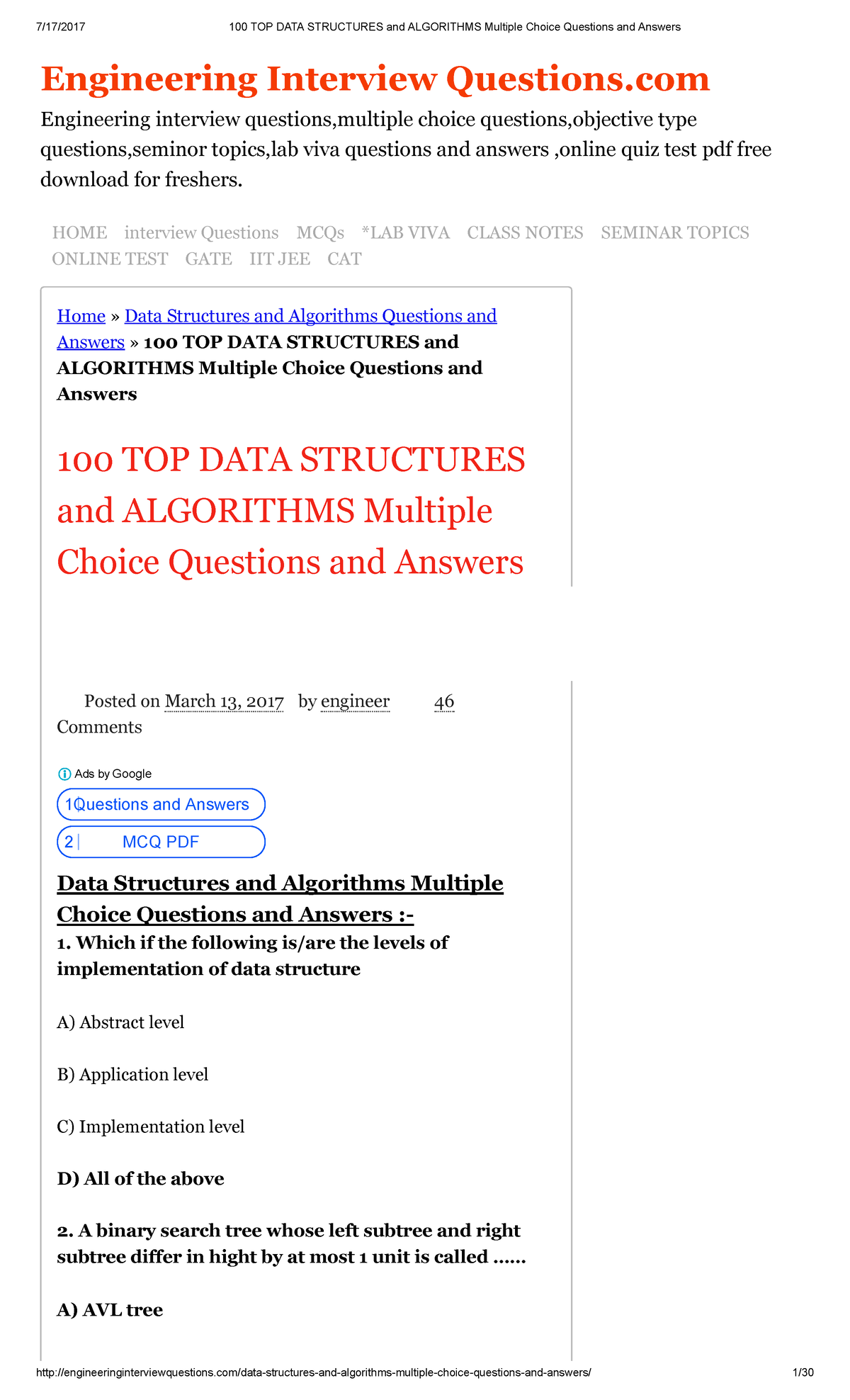 100 TOP DATA Structures and Algorithms Multiple Choice Questions and ... 100 TOP DATA Structures and Algorithms Multiple Choice Questions and ...