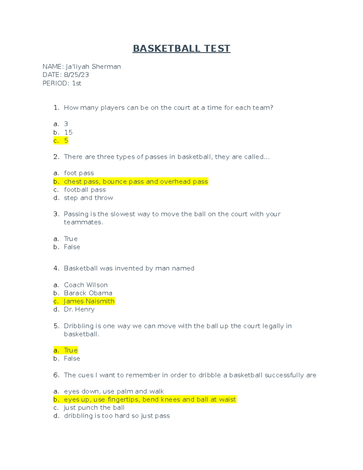 Bb test - we4d5rvtbuyhnij - BASKETBALL TEST NAME: Ja’liyah Sherman DATE ...