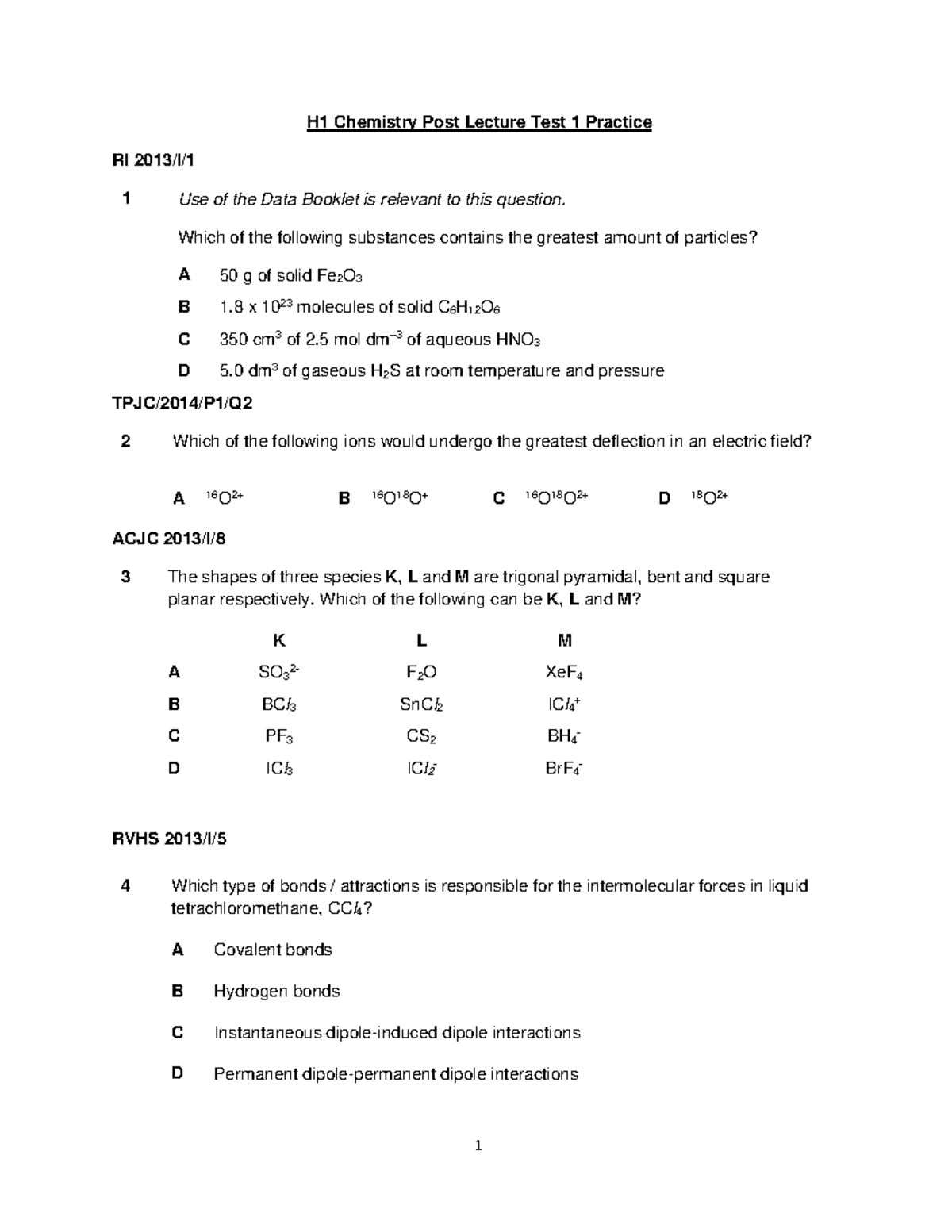 H1 Post Lecture Test Practice - H1 Chemistry Post Lecture Test 1 ...
