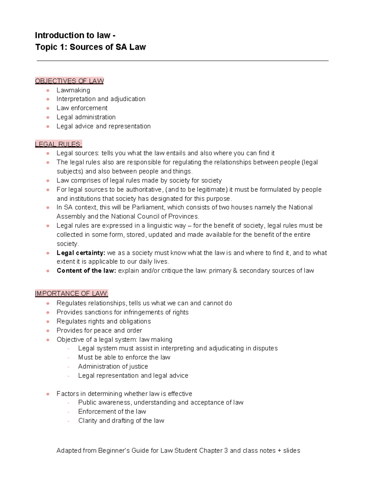 Introduction to law (2020) - Topic 1 Sources of SA Law - Introduction ...