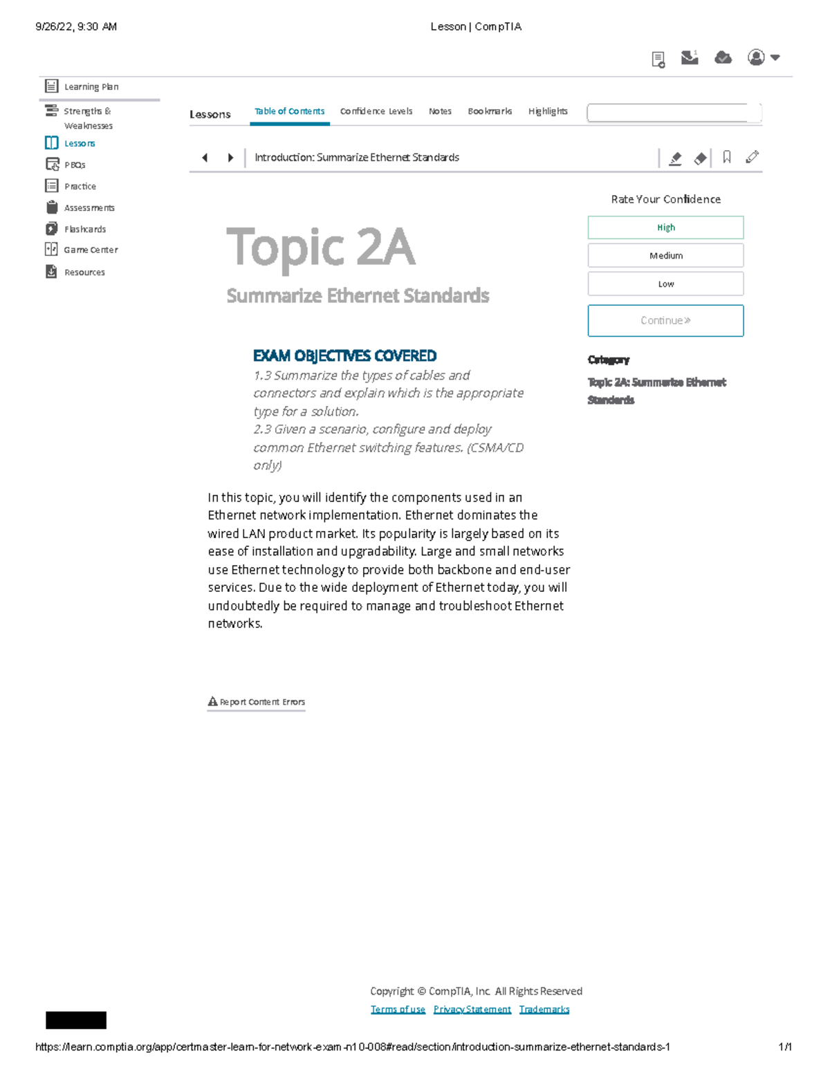 Lesson 2-2 - CompTia Netowrk+ EBook Chapter 2 Section - 9/26/22, 9:30 ...