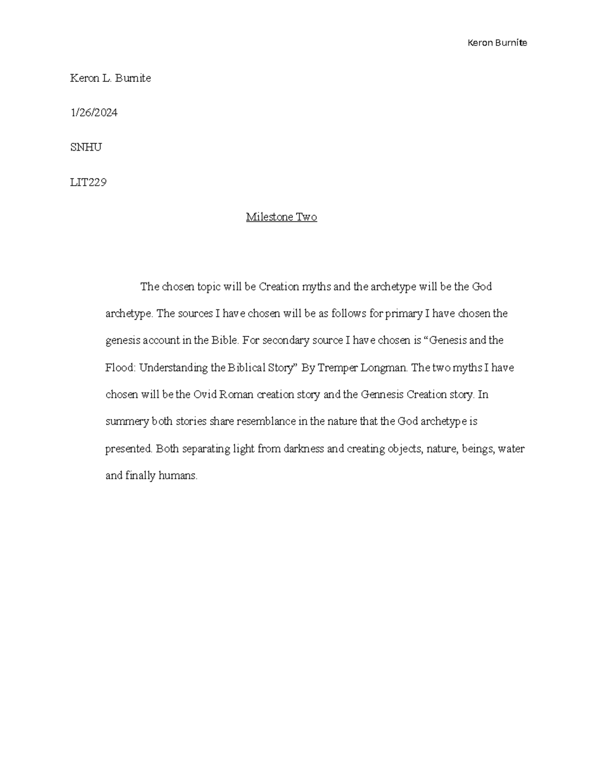 Milestone two - Keron Burnite Keron L. Burnite 1/26/ SNHU LIT Milestone ...