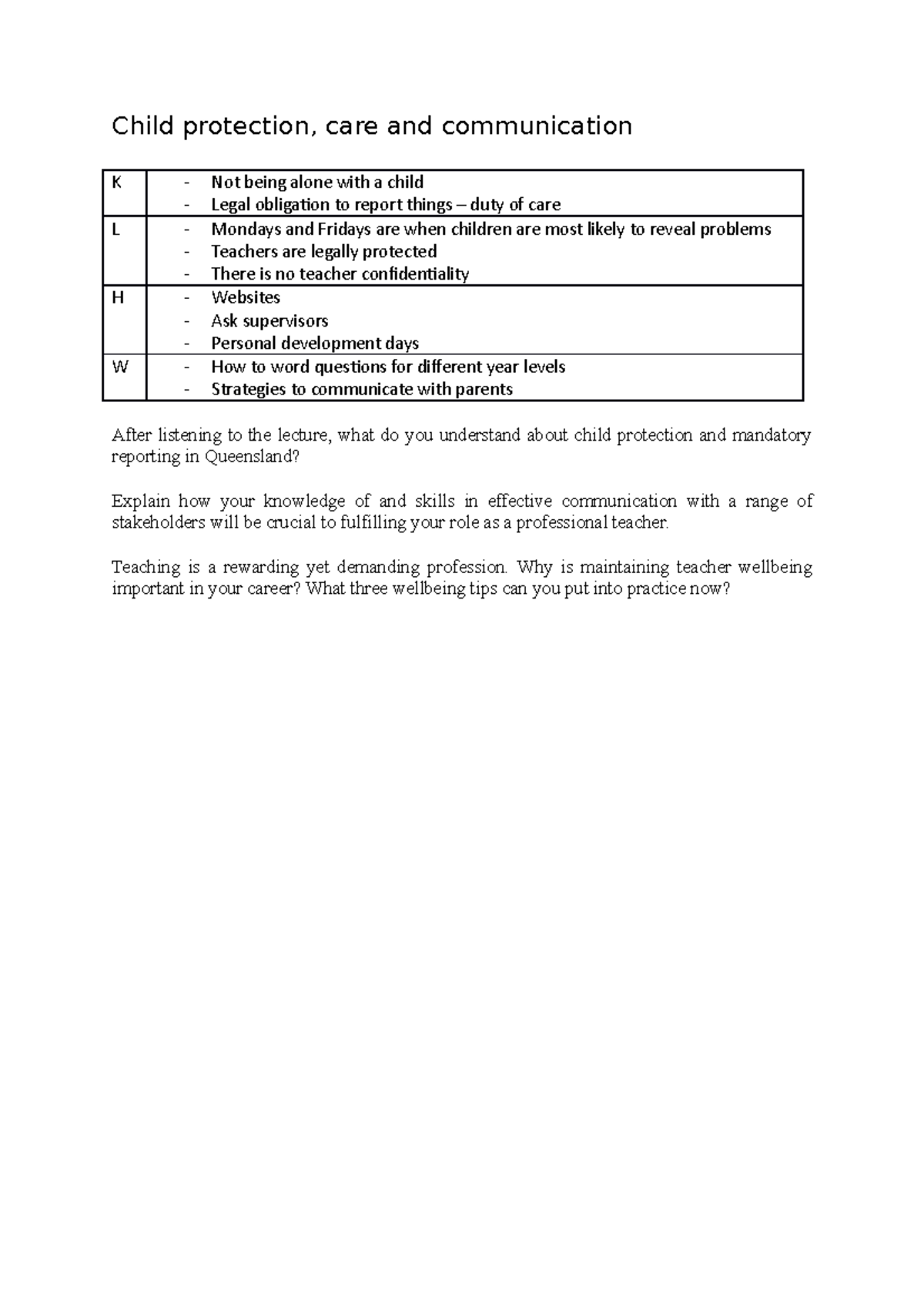 Child protection - questions - KWL chart - Child protection, care and ...