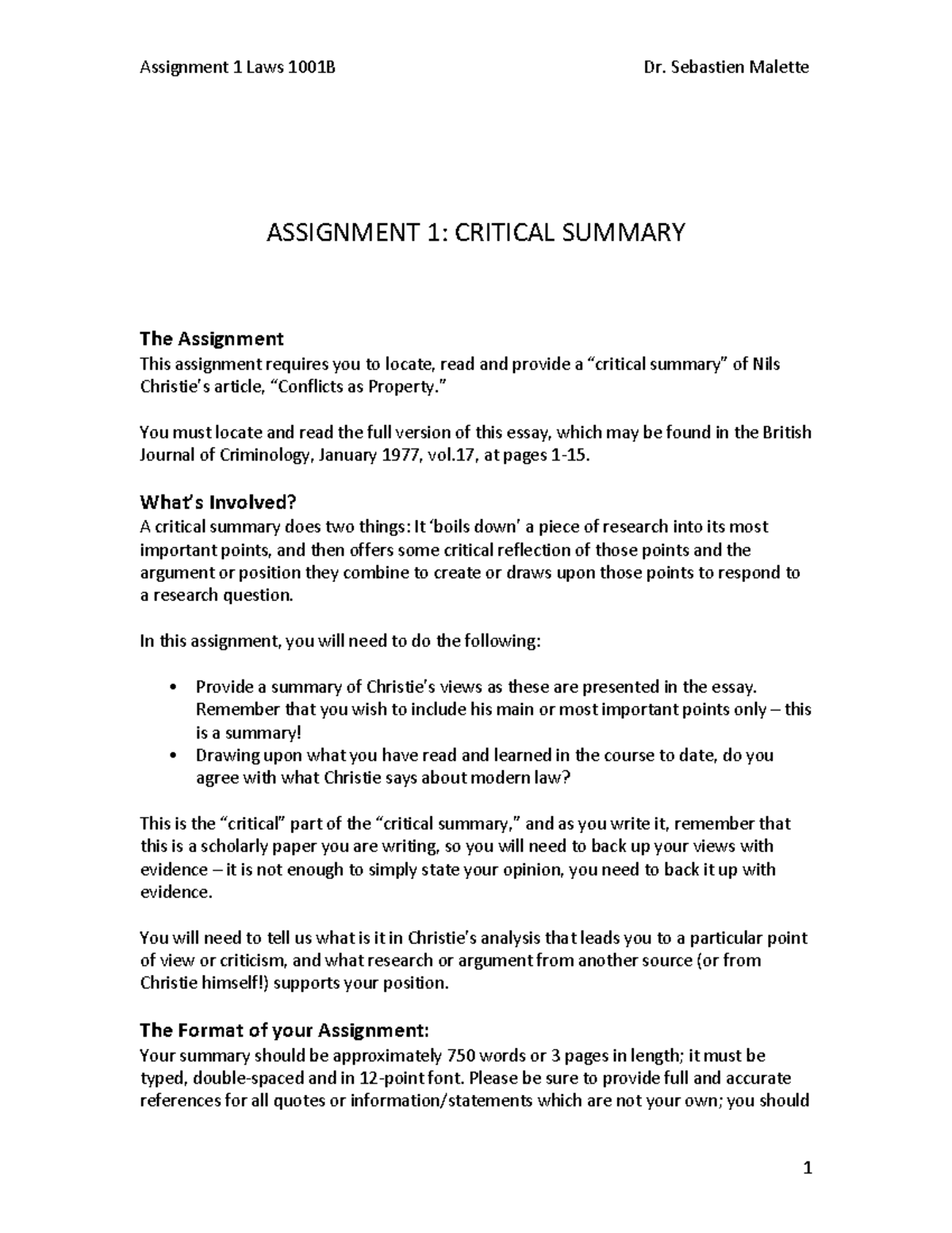 Assignment 1 laws 1001 2019 Malette class - Assignment 1 Laws 1001B Dr ...