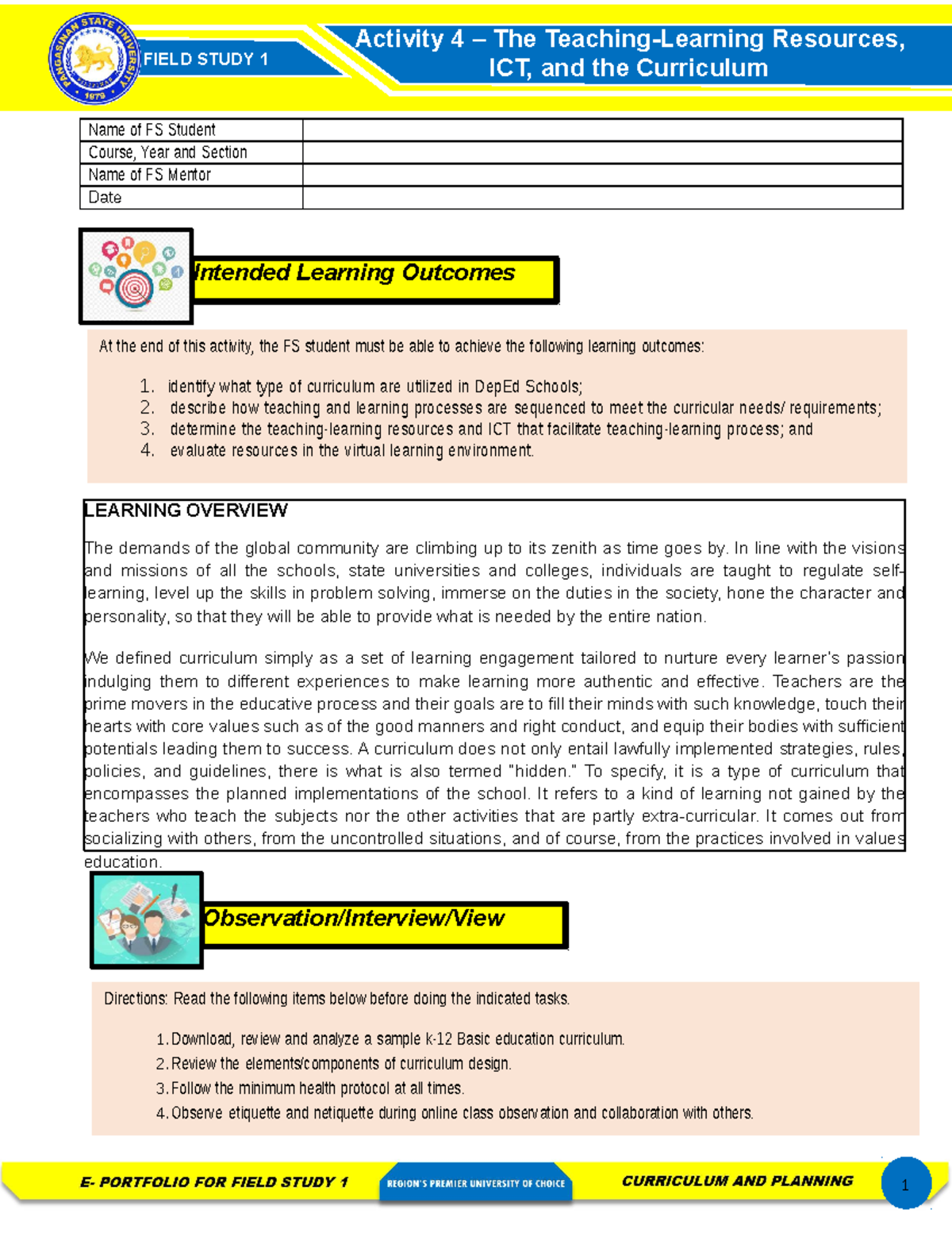 H FS1 Activity 4 updated - Intended Learning Outcomes LEARNING OVERVIEW The demands of the ...