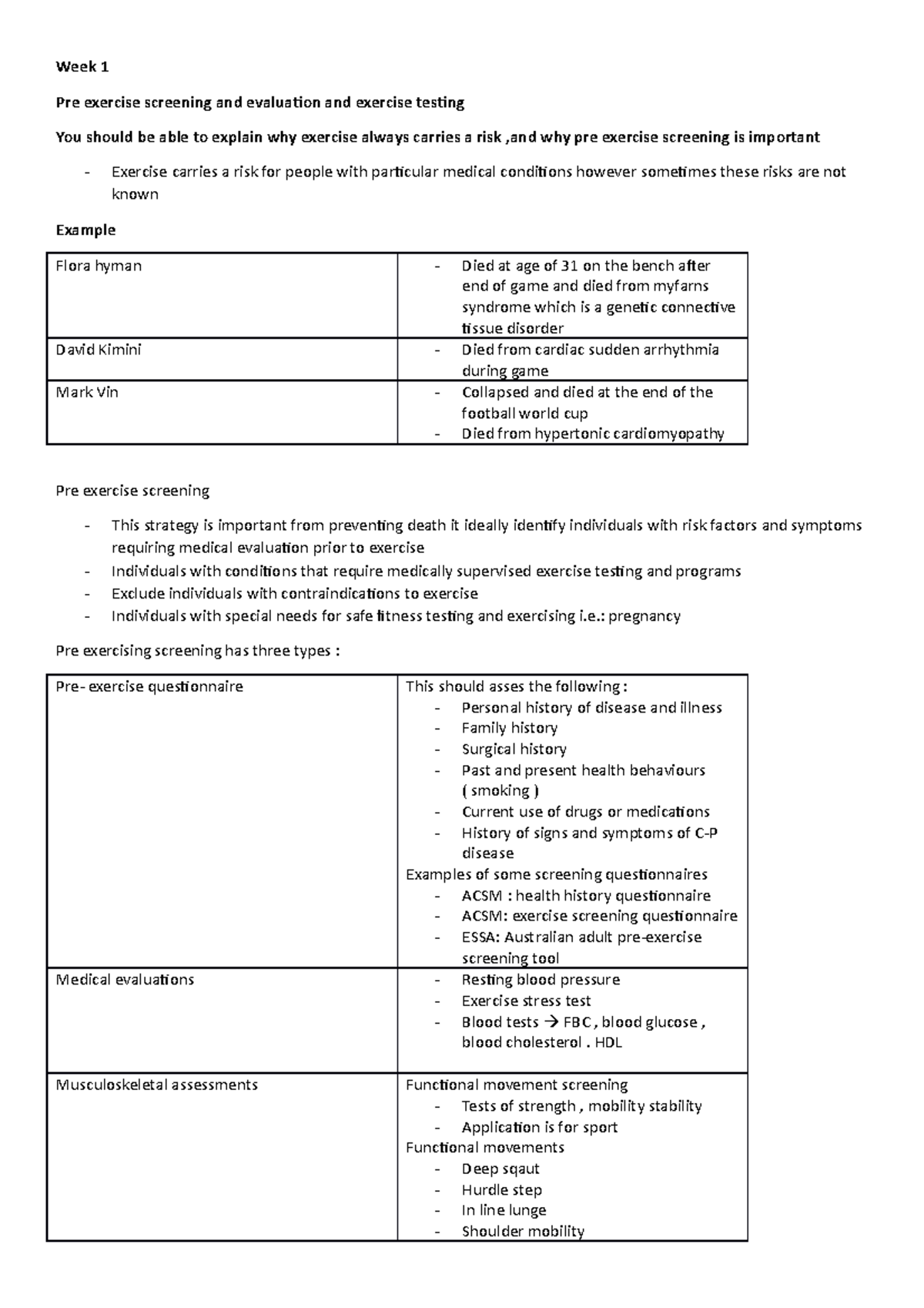 Week 1 - week 1 - Week 1 Pre exercise screening and evaluation and ...
