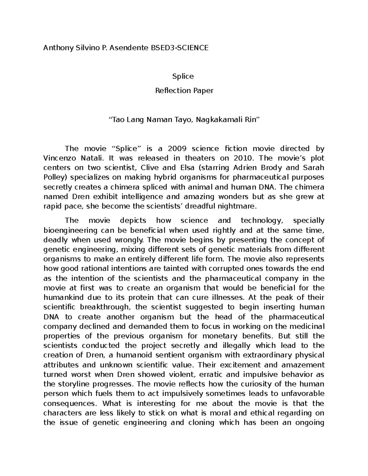 Splice reflection - Anthony Silvino P. Asendente BSED3-SCIENCE Splice ...