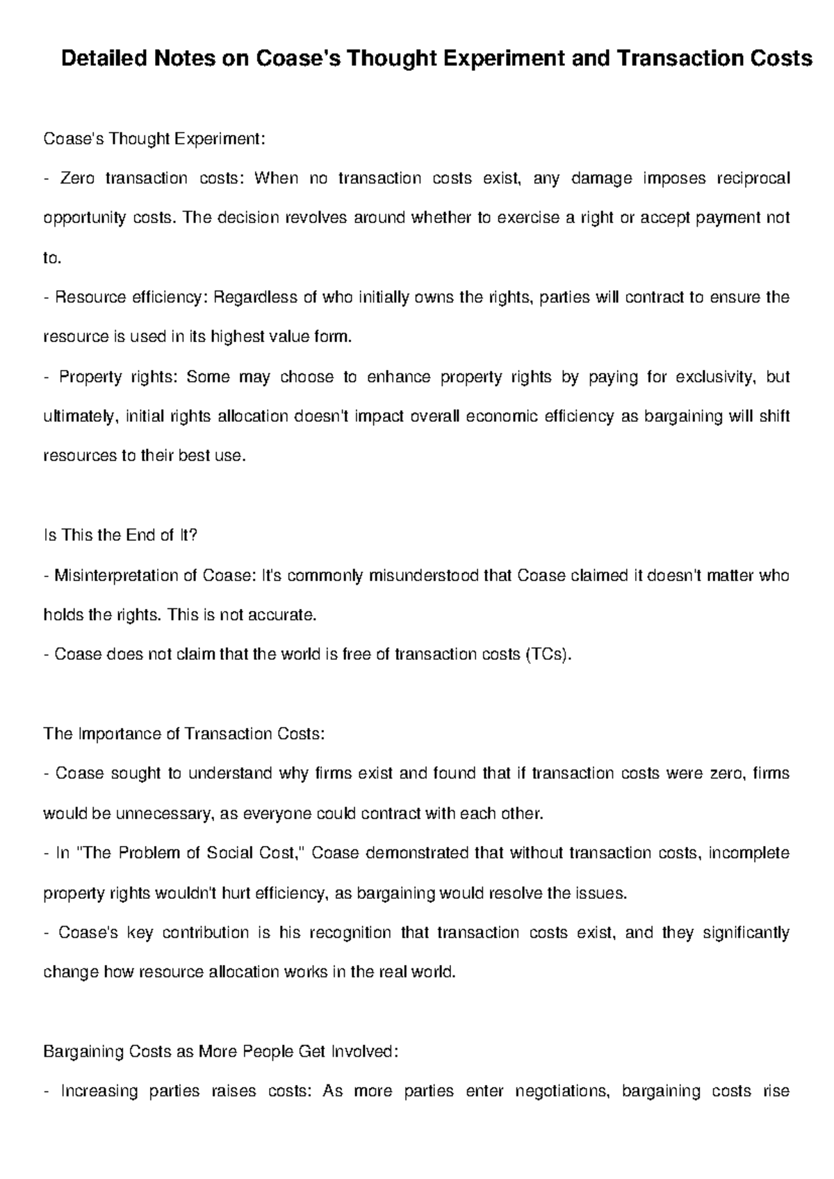 Coase Transaction Costs Notes - Detailed Notes on Coase's Thought ...