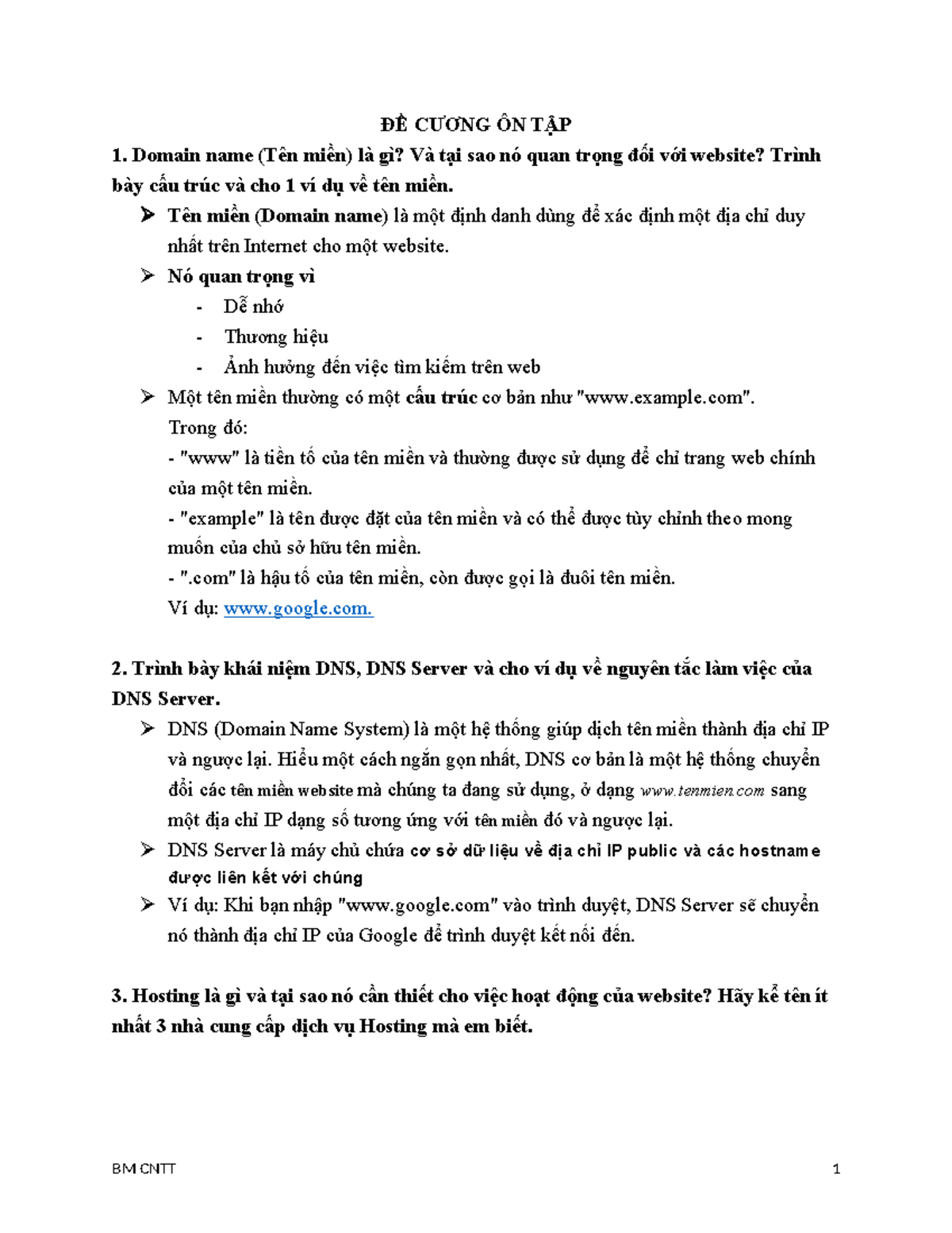 Đề cương và đáp án vấn đáp thi môn WEB1022 - ĐỀ CƯƠNG ÔN TẬP Domain name (Tên miền) là gì? Và ...