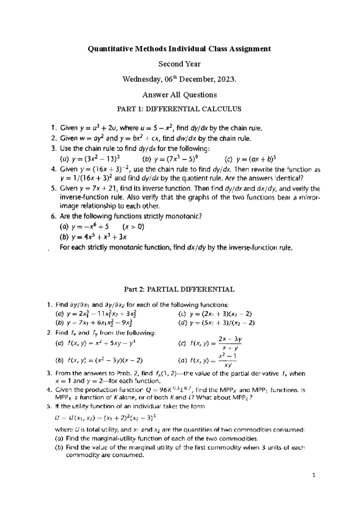 QM Test 1 Quantitave Methods Quantitative Methods Individual Class