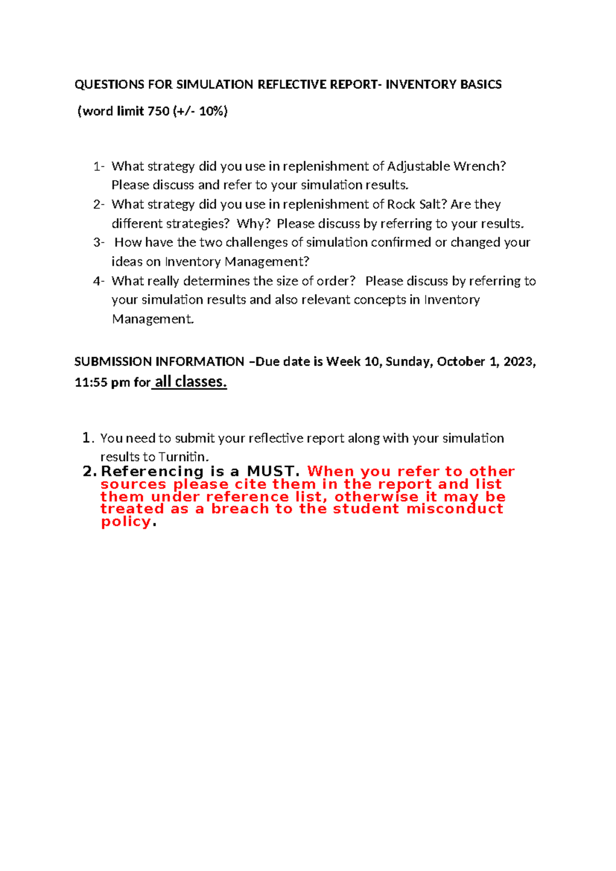 Questions for Inventory Basics Simulation Reflective Report Assessment 1(1)(1) (2) - QUESTIONS ...
