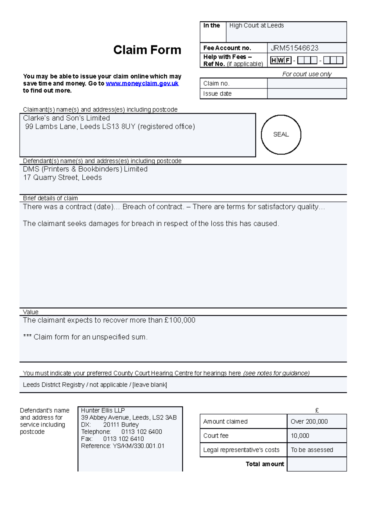 Claim Form Exemplar - In the High Court at Leeds Claim Form Fee Account ...