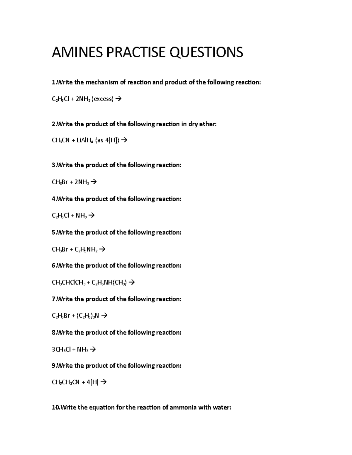 Sample/practice exam 2015, questions - AMINES PRACTISE QUESTIONS 1 the ...