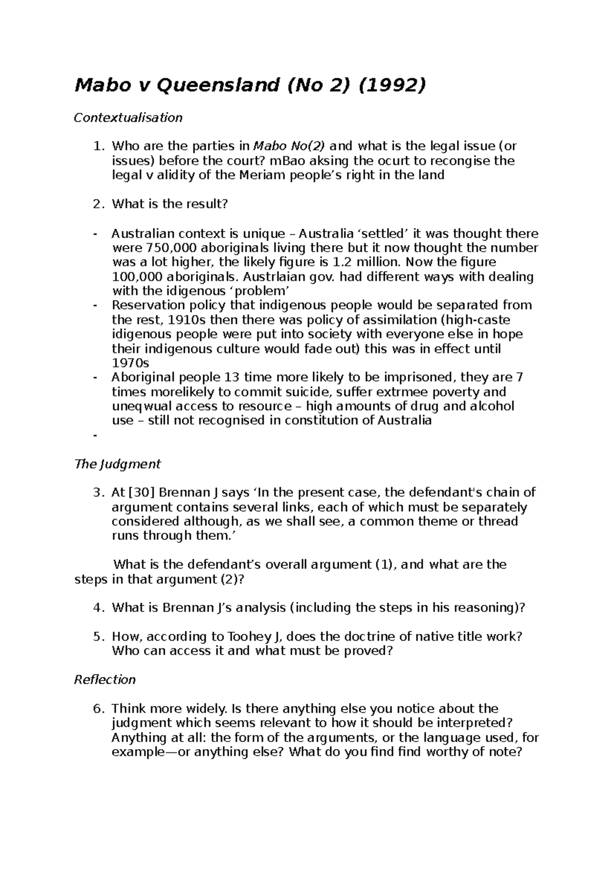 Mabo handout - Mabo v Queensland (No 2) (1992) Contextualisation Who ...