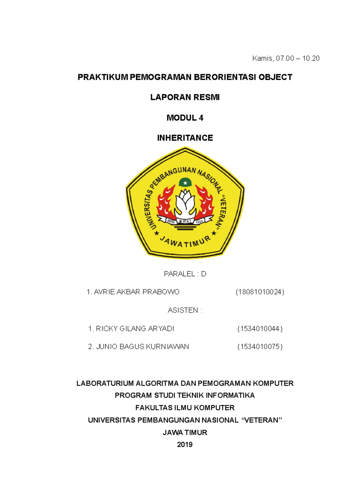 Laporan Praktek Pemrograman 5 - Kamis, 07 – 10. PRAKTIKUM PEMOGRAMAN BERORIENTASI OBJECT LAPORAN ...