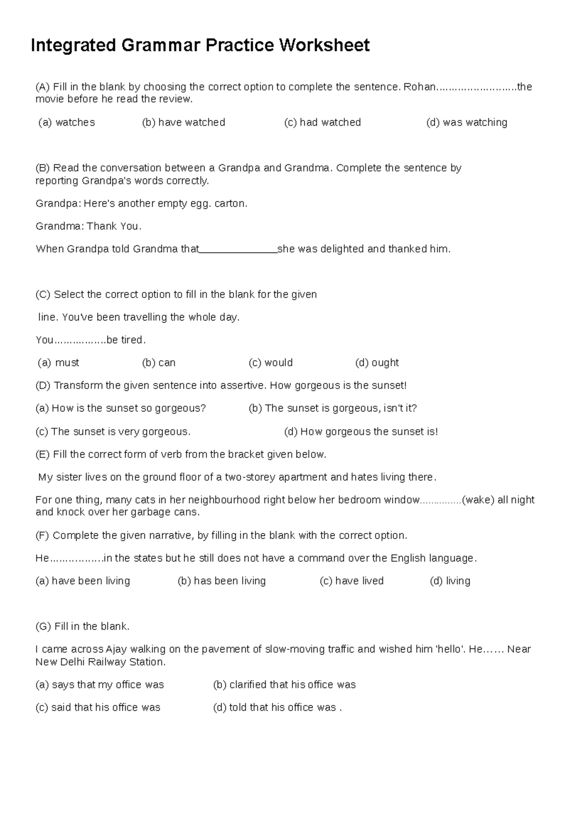 Integrated Practice Worksheet - Integrated Grammar Practice Worksheet ...