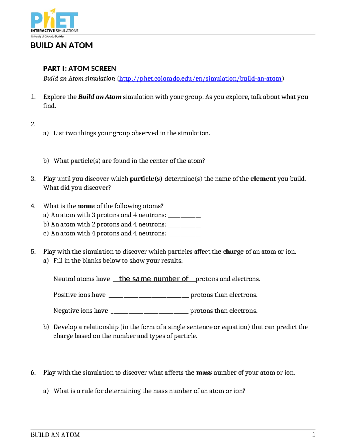Build An Atom Guided Inquiry Student Handout - BUILD AN ATOM PART I ...