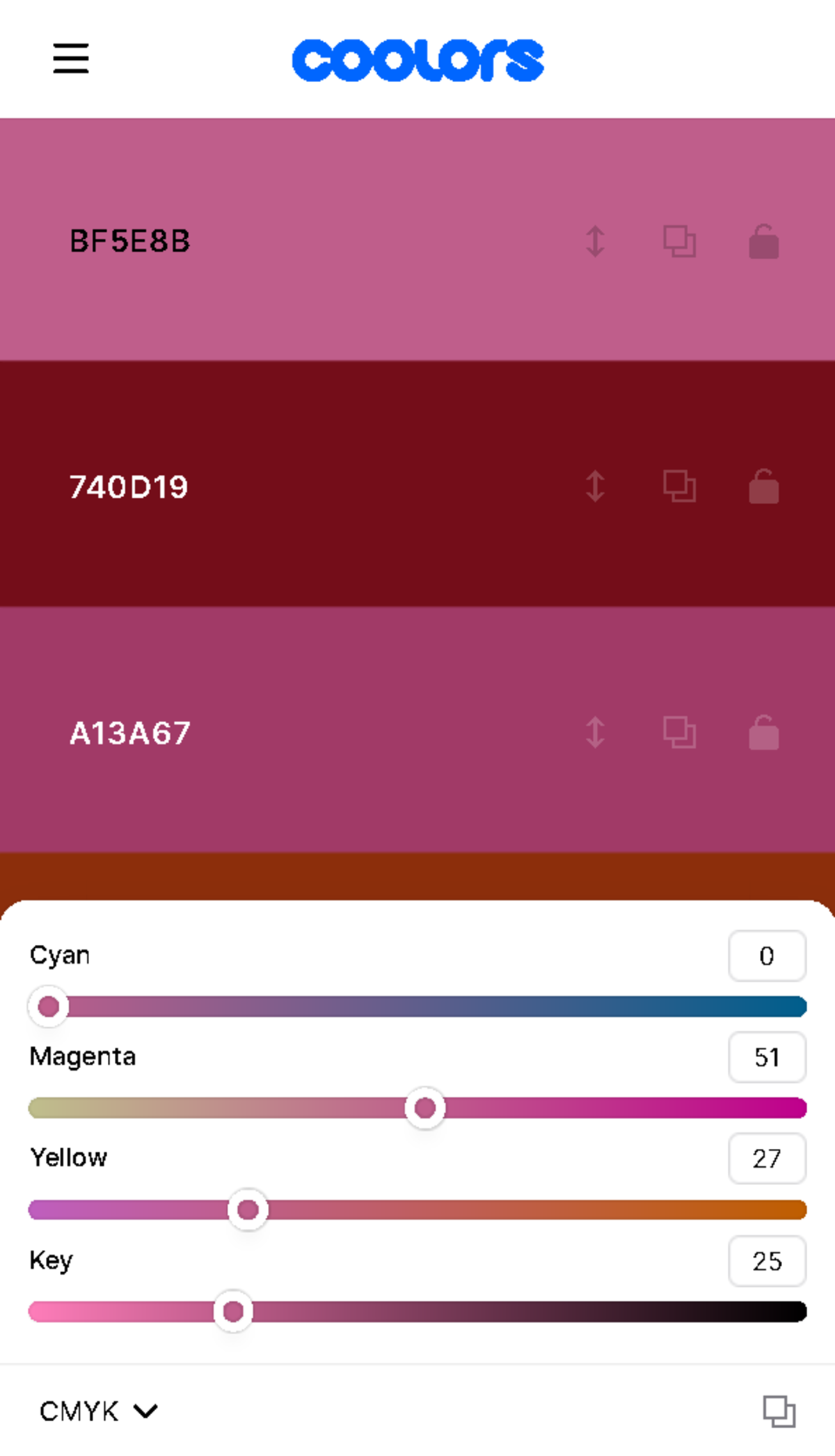 Create a Palette - Coolors - Morfología II - BF5E8B 740D A13A 8C2E0B ...