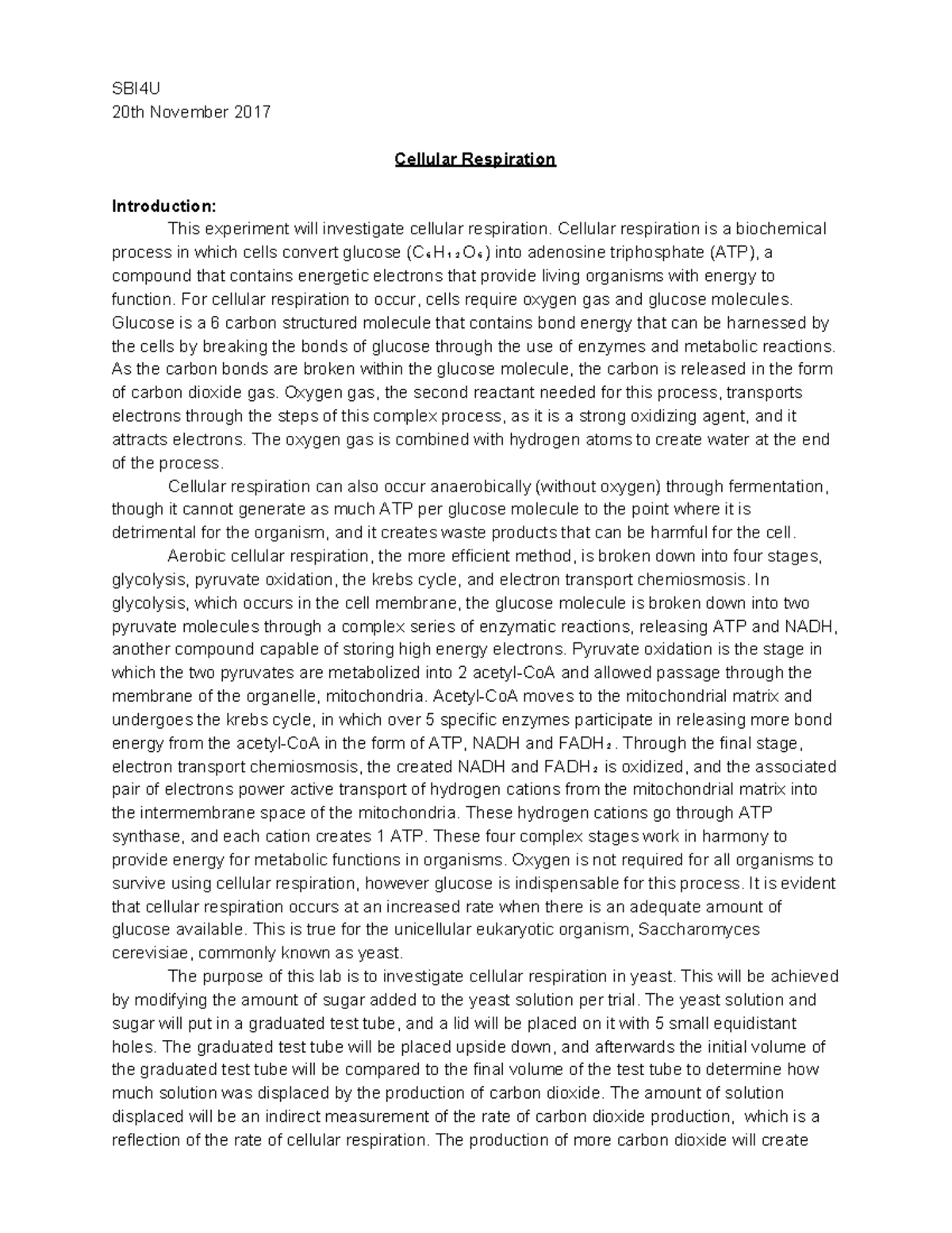 Cellular Respiration Lab - SBI4U 20th November 2017 Cellular ...