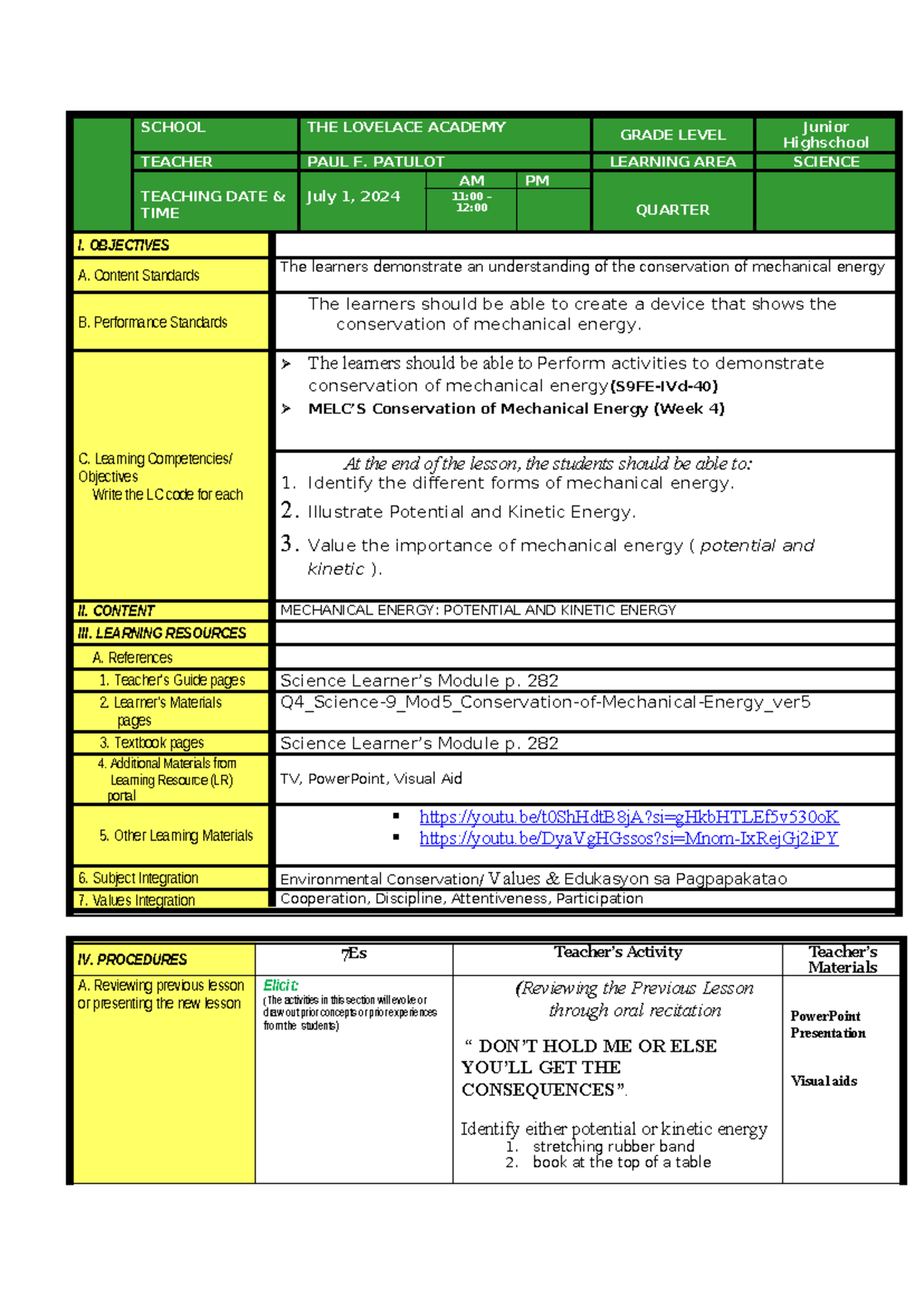 Kinetic and potential energy - SCHOOL THE LOVELACE ACADEMY GRADE LEVEL ...