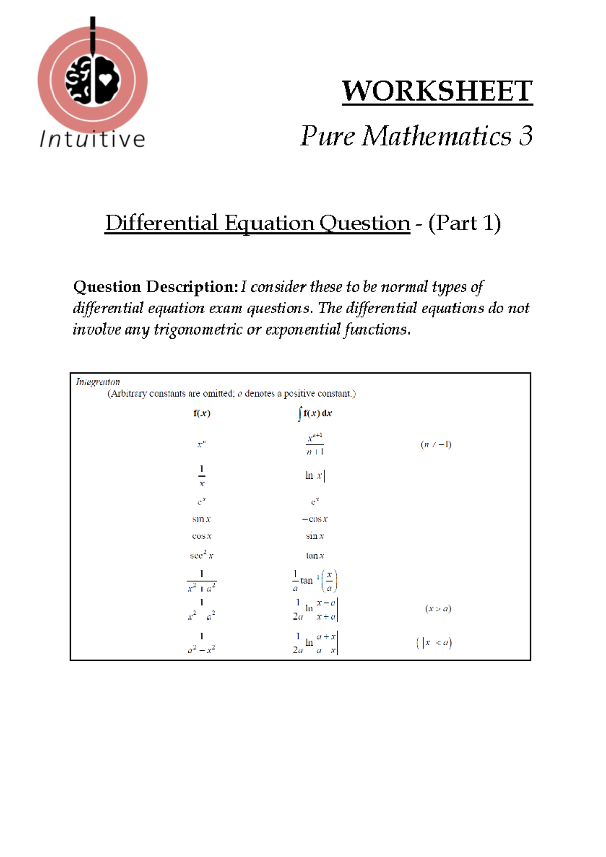Worksheet - Differential Equation Question - Part One - WORKSHEET Pure ...