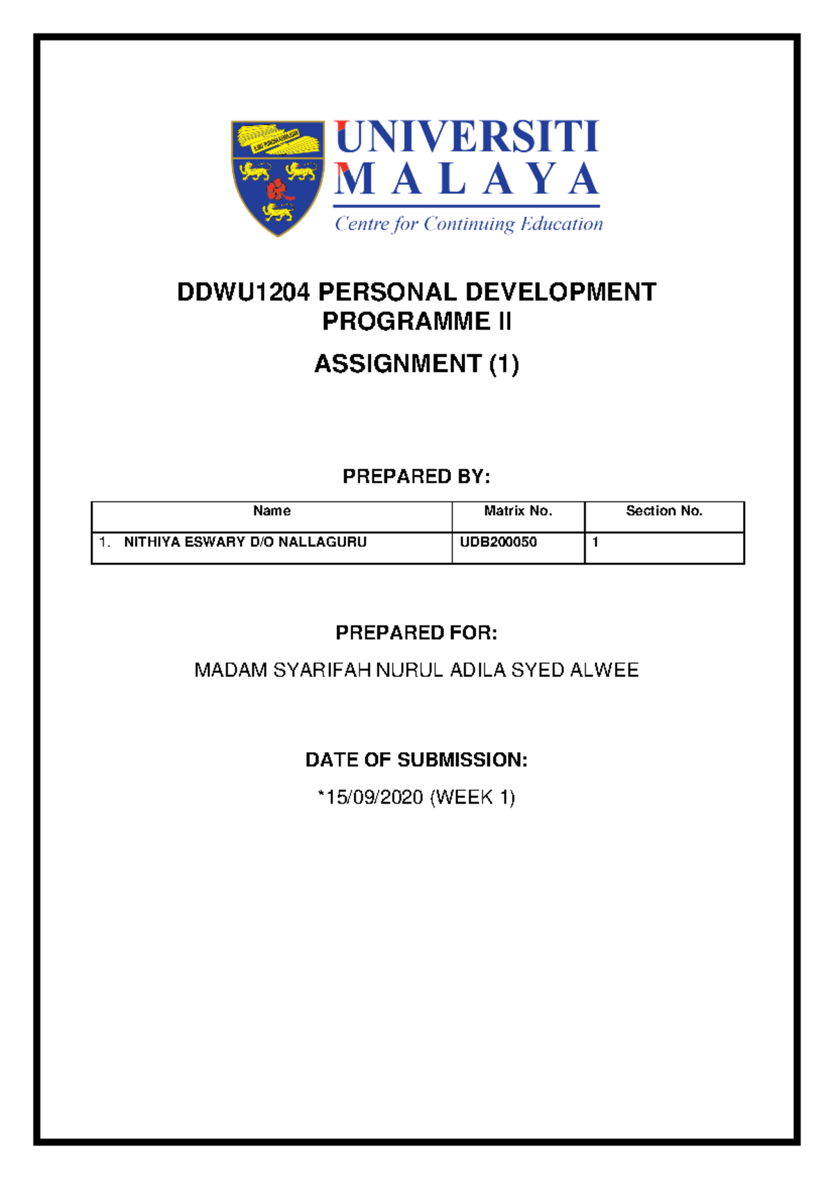 Assignment 1 - SEM 3 - DDWU1204 PERSONAL DEVELOPMENT PROGRAMME II ...
