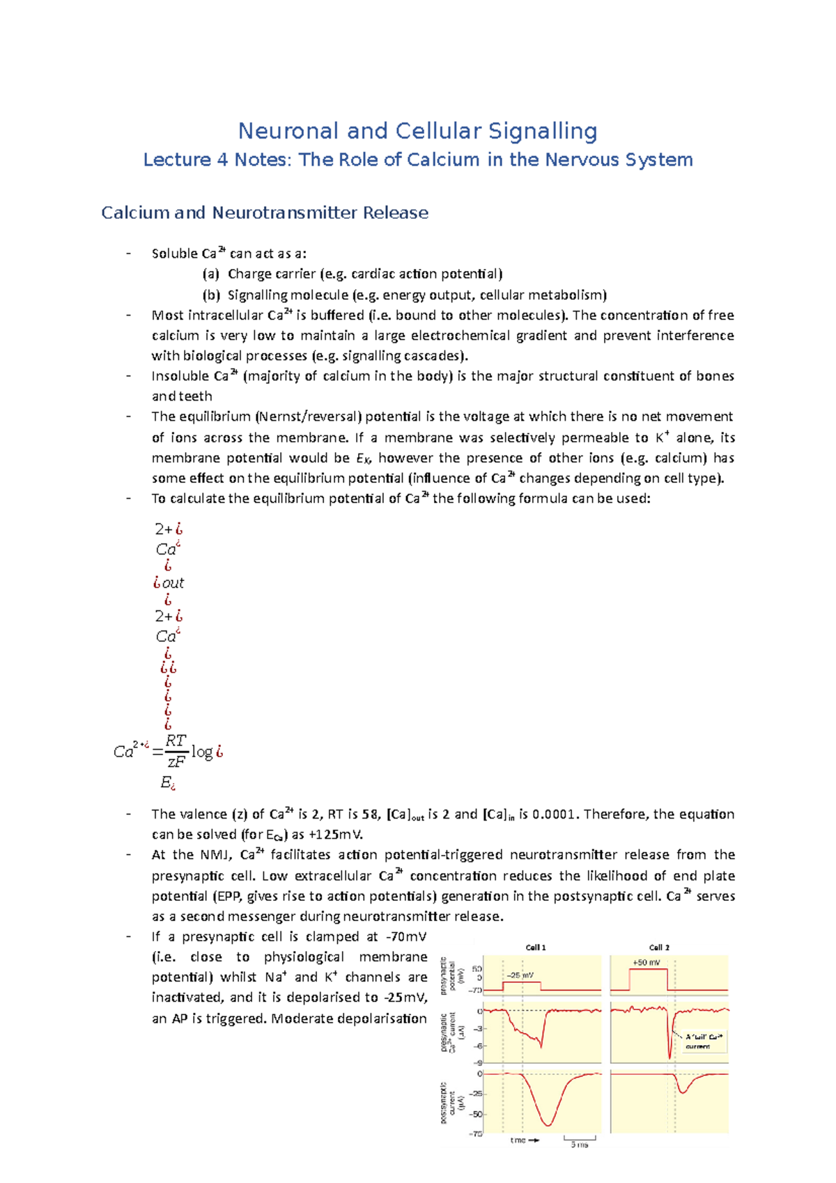 Lecture 4 Notes (The Role of Calcium in the Nervous System) - Neuronal ...