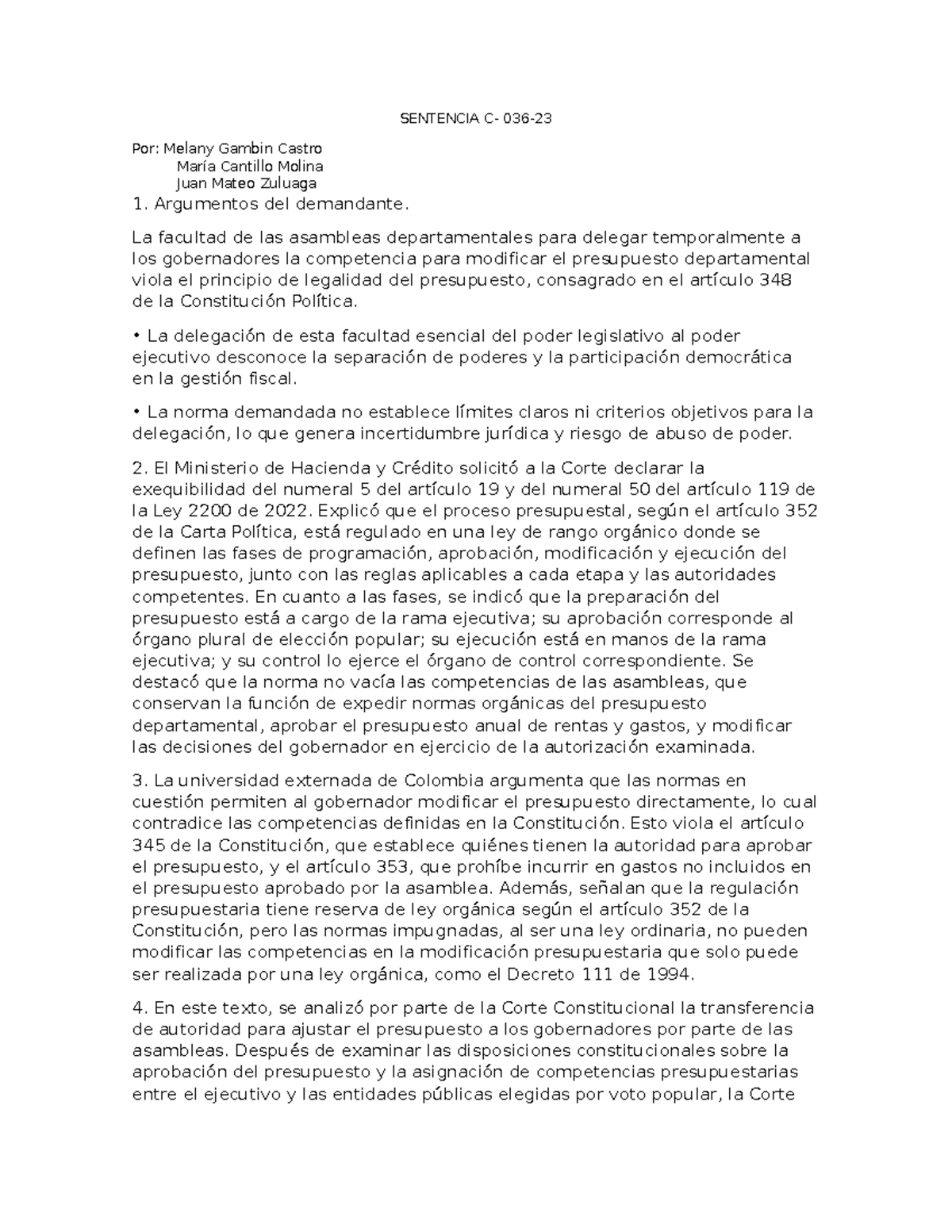 Sentencia C 036 - SENTENCIA C- 036- Por: Melany Gambin Castro María Cantillo Molina Juan Mateo ...