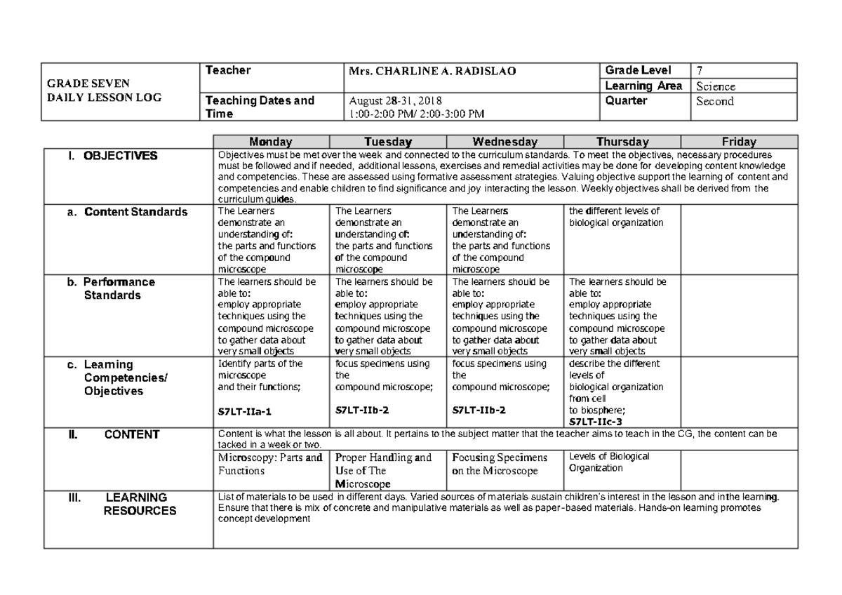 Qdoc - Notes - GRADE SEVENGRADE SEVEN DAILY LESSON LOGDAILY LESSON LOG ...