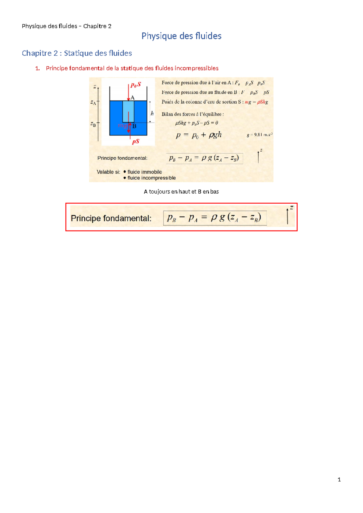 Chapitre 2 - Statique des fluides - Physique des fluides Chapitre 2 : Statique des fluides 1 ...