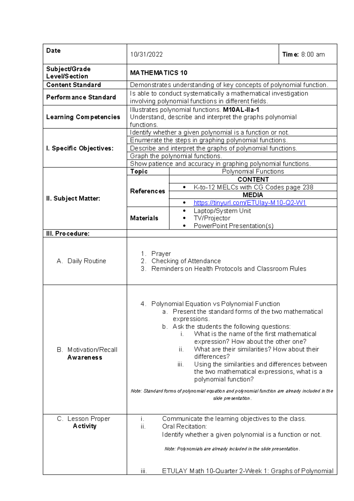 MATH10 Q2 W1 Polynomial Functions - Date 10/31/2022 Time: 8:00 am Subject/Grade Level/Section ...