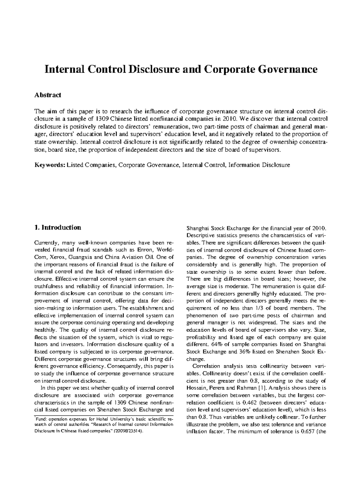 Internal Control Disclosure and Corporate Governance - Internal Control ...