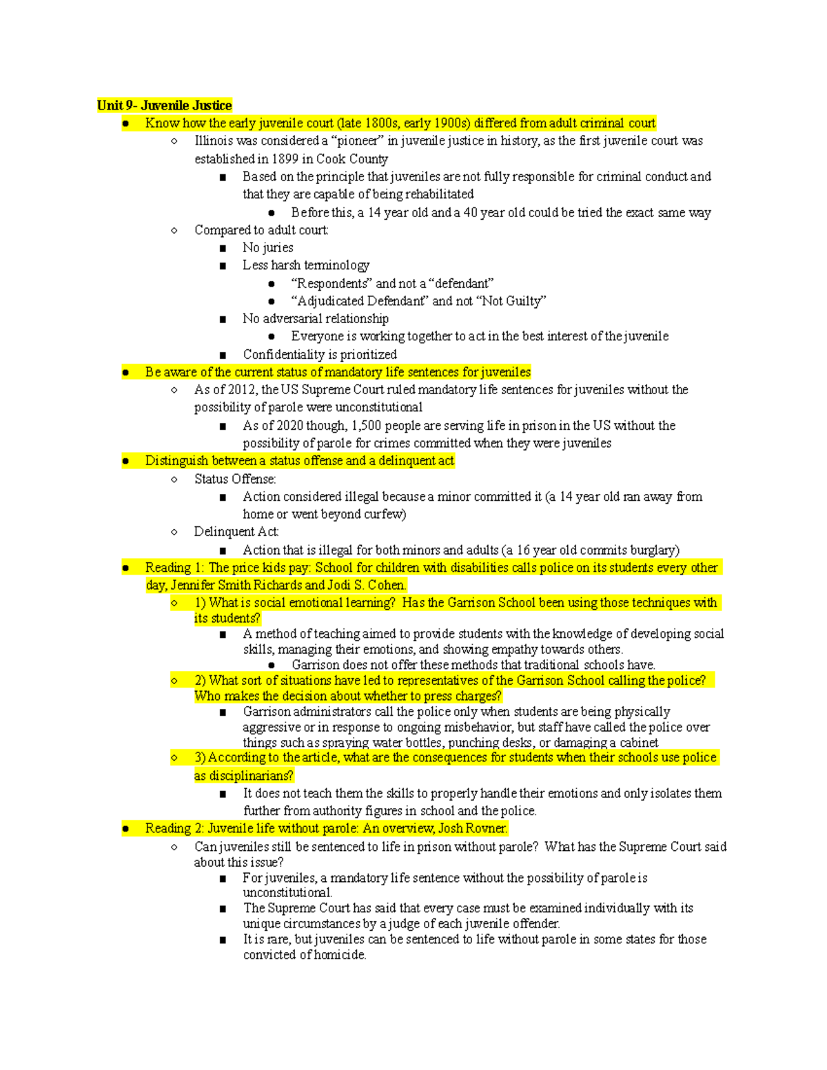 CLJ Review Final - Unit 9- Juvenile Justice Know how the early juvenile ...