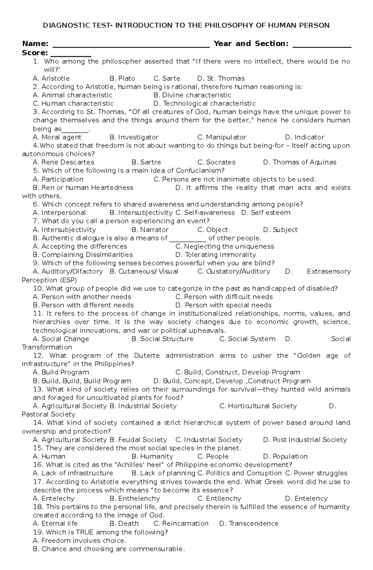 Philosophy-Exam-2nd-Quarter - DIAGNOSTIC TEST- INTRODUCTION TO THE ...