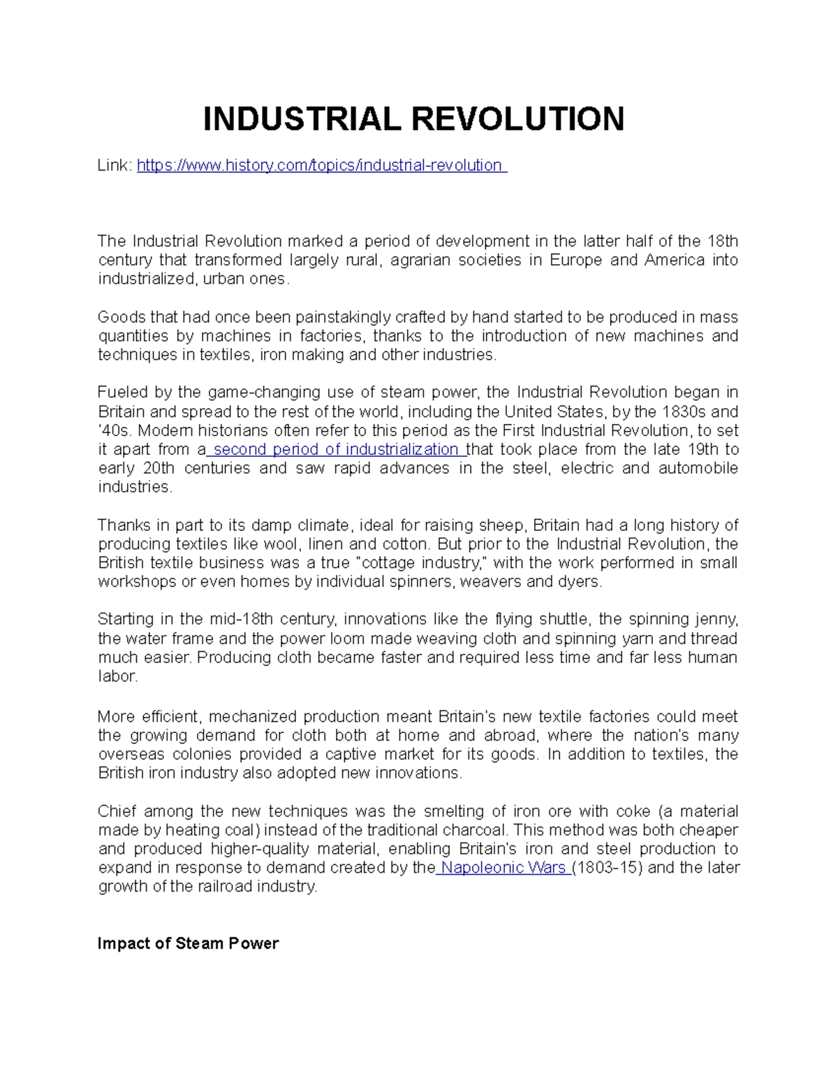 Industrial Revolution WEEK 1 Lecture - INDUSTRIAL REVOLUTION Link ...