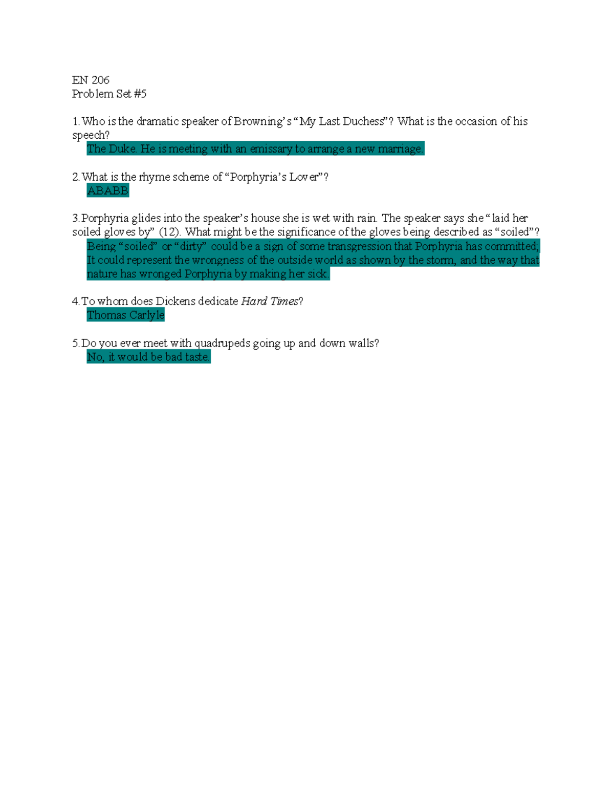 EN206 problem set 5 - kjb.kjb - EN 206 Problem Set # 1 is the dramatic speaker of Browning’s “My ...