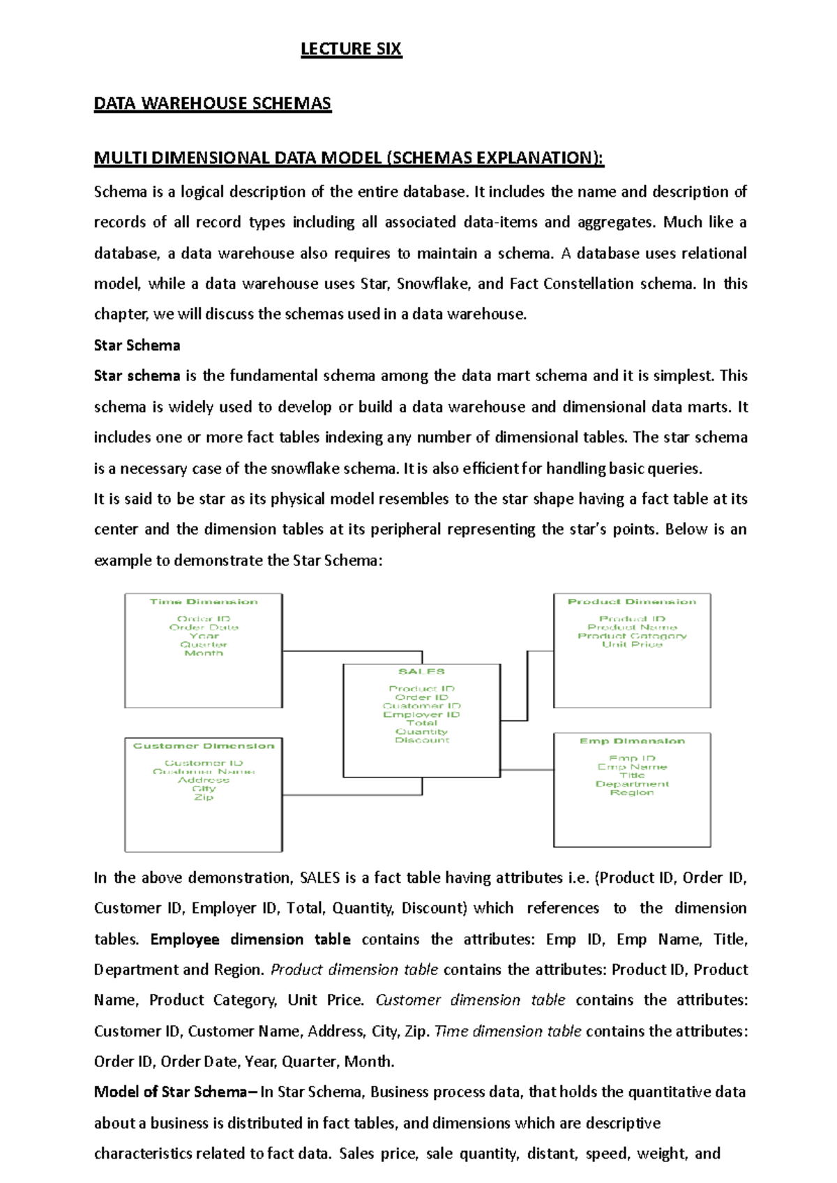 Lecture SIX- Schemas - LECTURE SIX DATA WAREHOUSE SCHEMAS M U L TI DIME ...